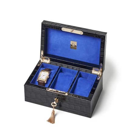Three Piece Watch Box in Deep Shine Black Croc | Aspinal