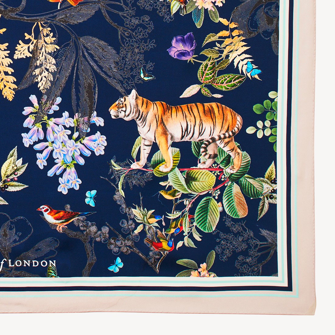 Tigers & Leopards Silk Scarf in Navy Pure Silk | Aspinal
