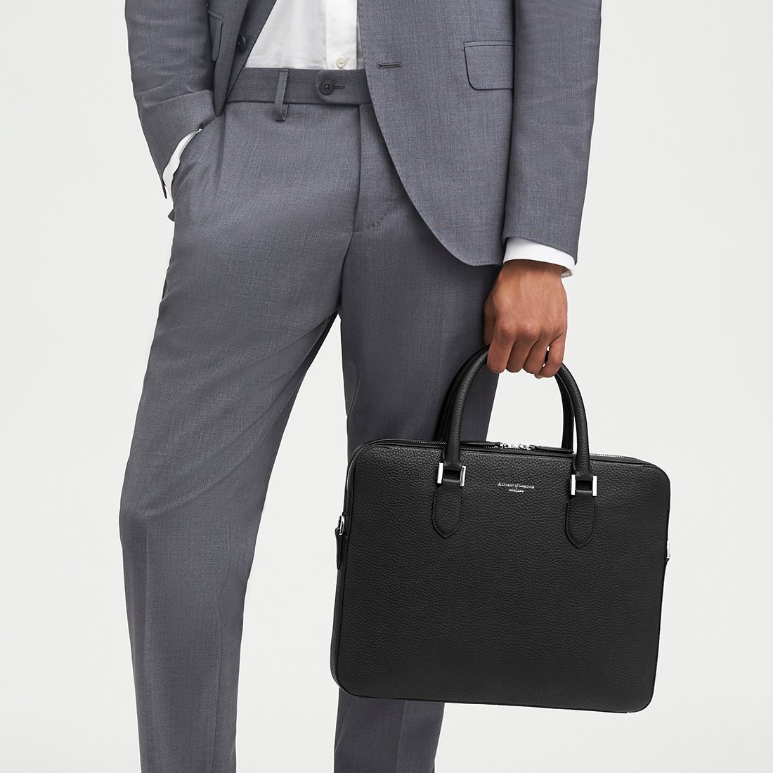 Slim Leather Briefcase in Black Pebble | Aspinal of London