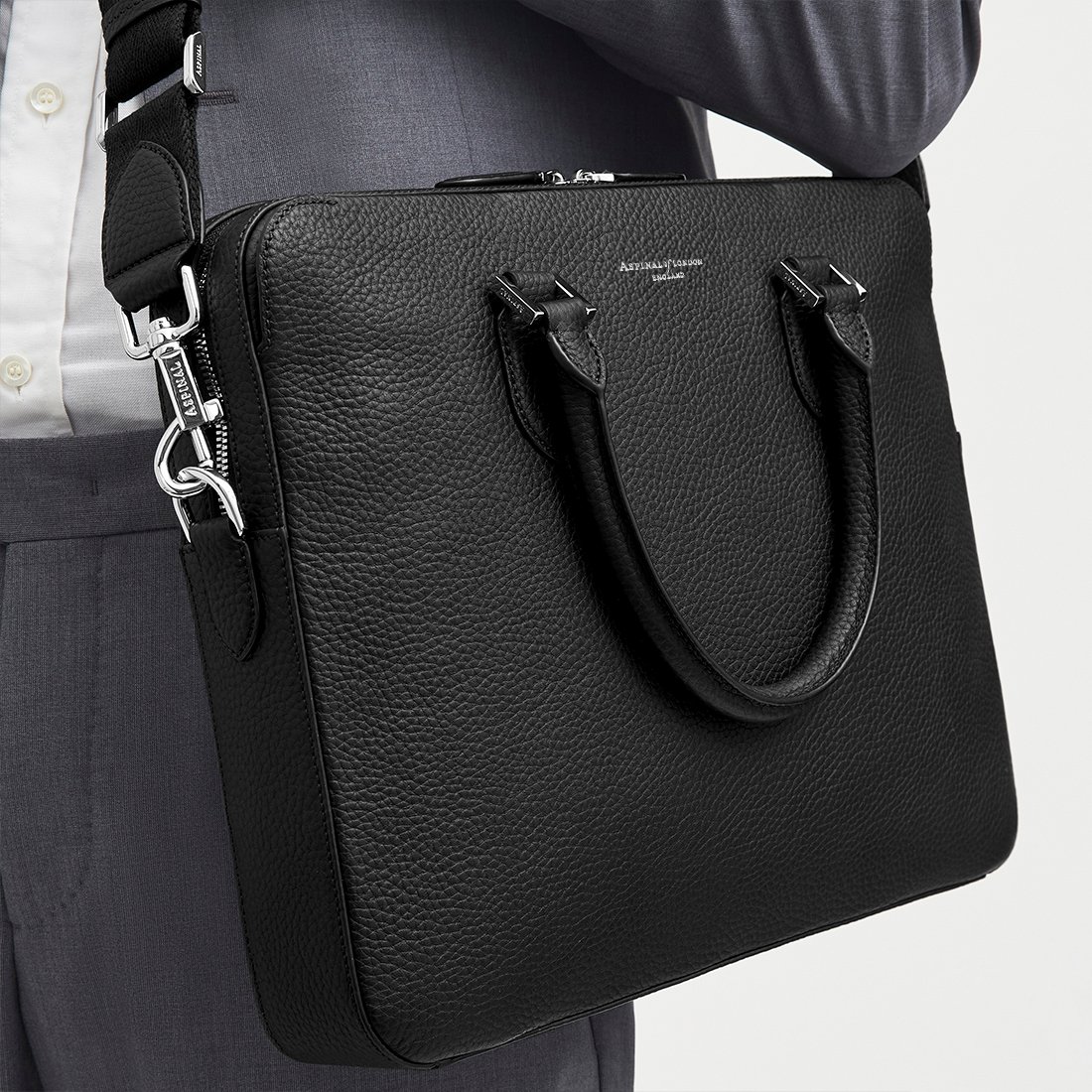 Slim Leather Briefcase in Black Pebble | Aspinal of London