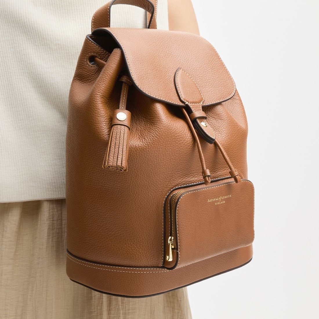 Hudson Small Backpack in Tan Milled Pebble | Aspinal of London
