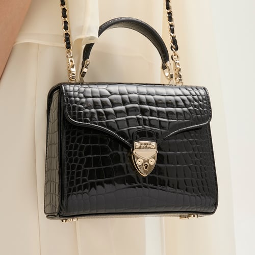 Black Patent Croc Midi Mayfair® Bag with Chain Strap | Aspinal