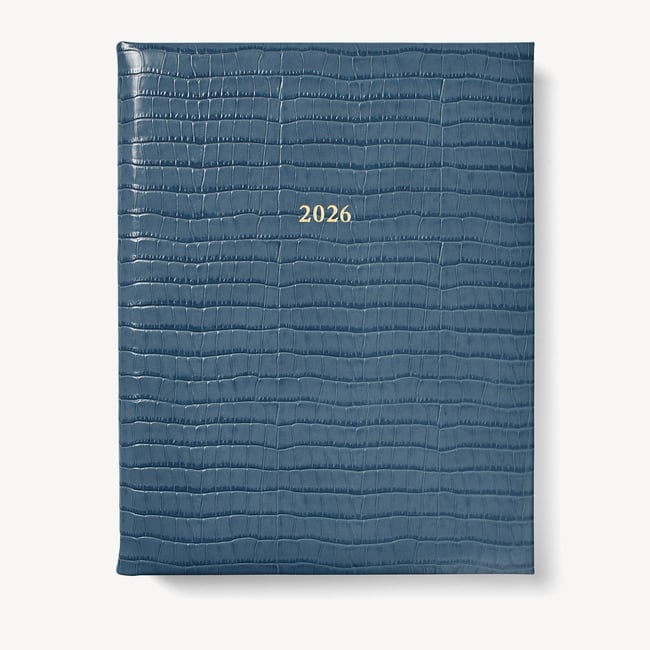2026 A4 Day to Page Leather Diary in Peacock Blue Croc | Aspinal