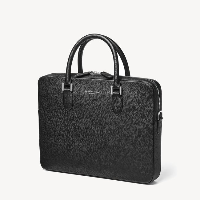 Slim Leather Briefcase in Black Pebble | Aspinal of London