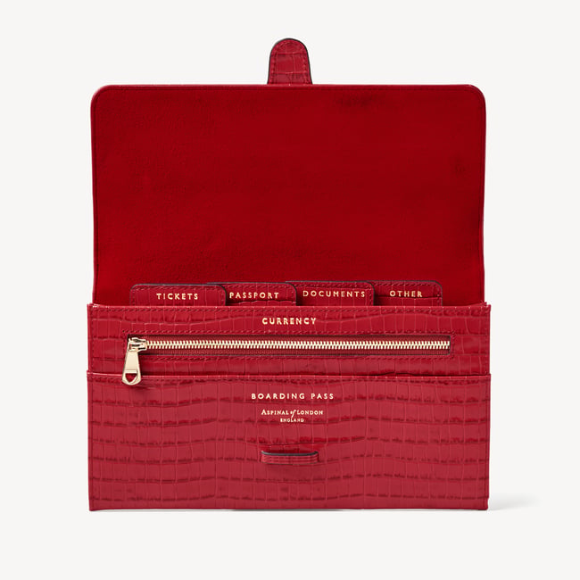 Travel Wallet in Deep Shine Cherry Red Small Croc | Aspinal