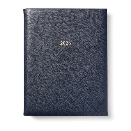 2026 A4 Day to Page Leather Diary in Navy Pebble| Aspinal