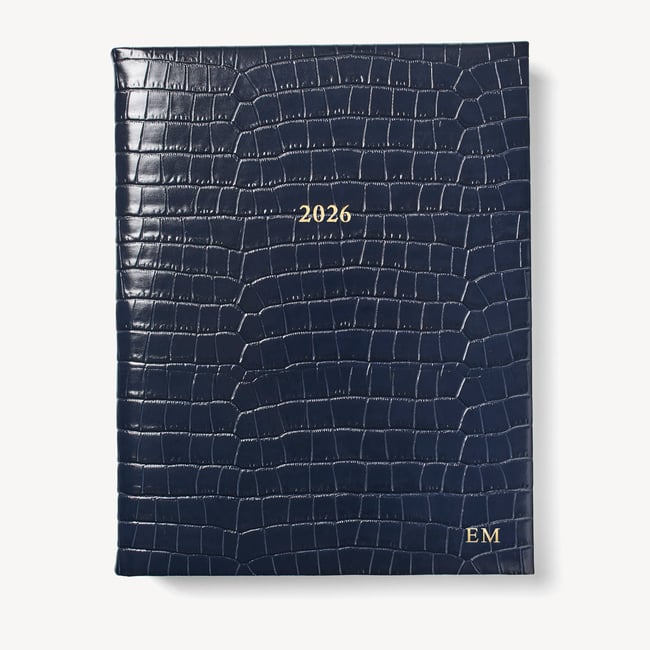 2026 A4 Day to Page Leather Diary in Navy Croc | Aspinal