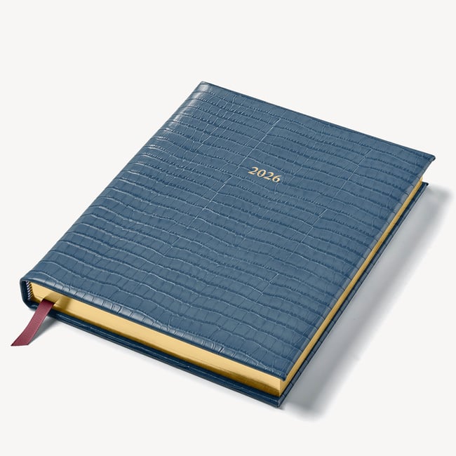 2026 A4 Day to Page Leather Diary in Peacock Blue Croc | Aspinal