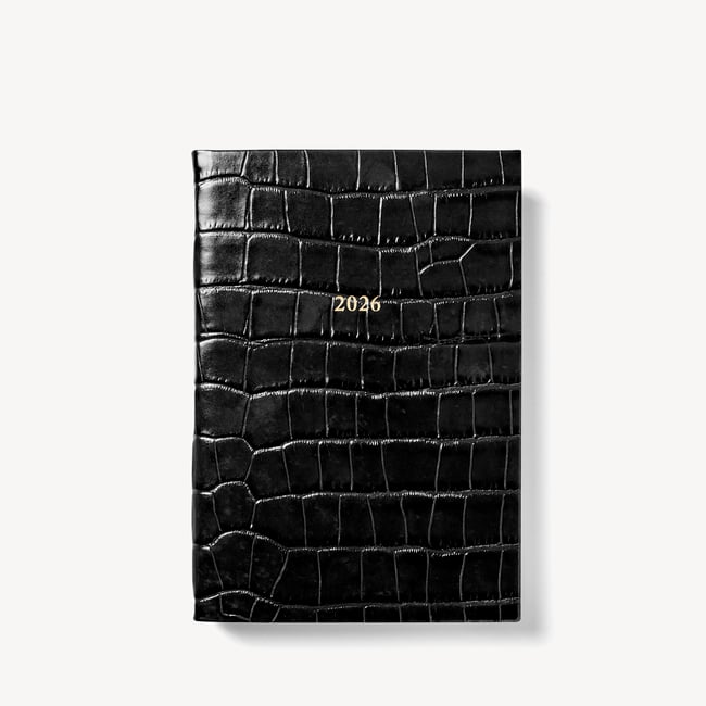 2026 A5 Day to Page Leather Diary in Black Croc | Aspinal