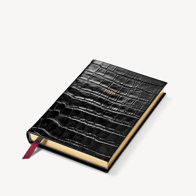 2026 A5 Day to Page Leather Diary in Black Croc | Aspinal