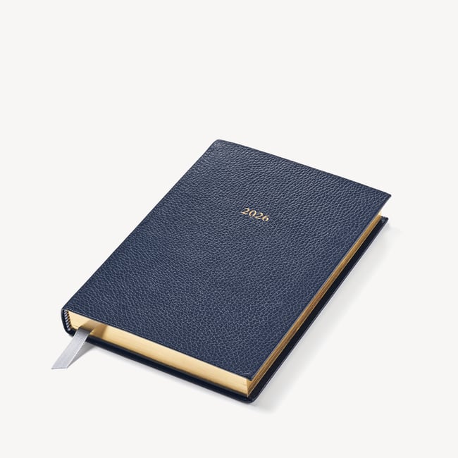 2026 A5 Day to Page Leather Diary in Navy Pebble | Aspinal