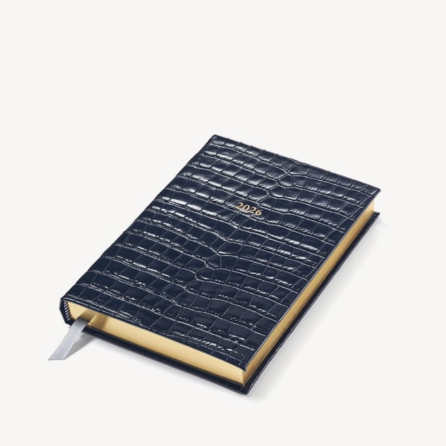 2026 A5 Day to Page Leather Diary in Navy Croc | Aspinal