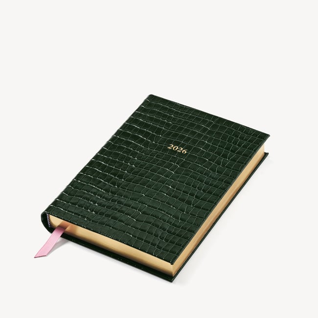 2026 A5 Day to Page Leather Diary in Evergreen Croc | Aspinal