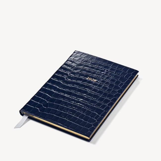 2026 A5 Week to View Leather Diary in Navy Croc | Aspinal