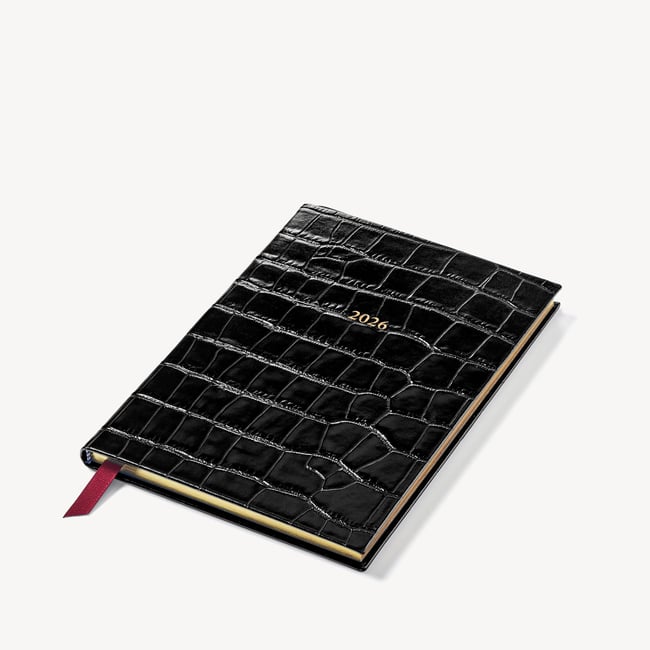 2026 A5 Week to View Leather Diary in Black Croc | Aspinal