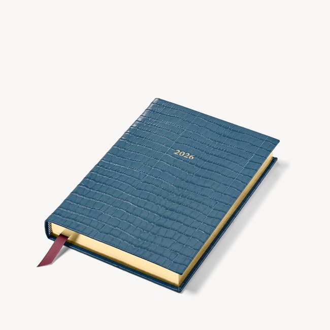 2026 A5 Day to Page Leather Diary in Peacock Blue Croc | Aspinal