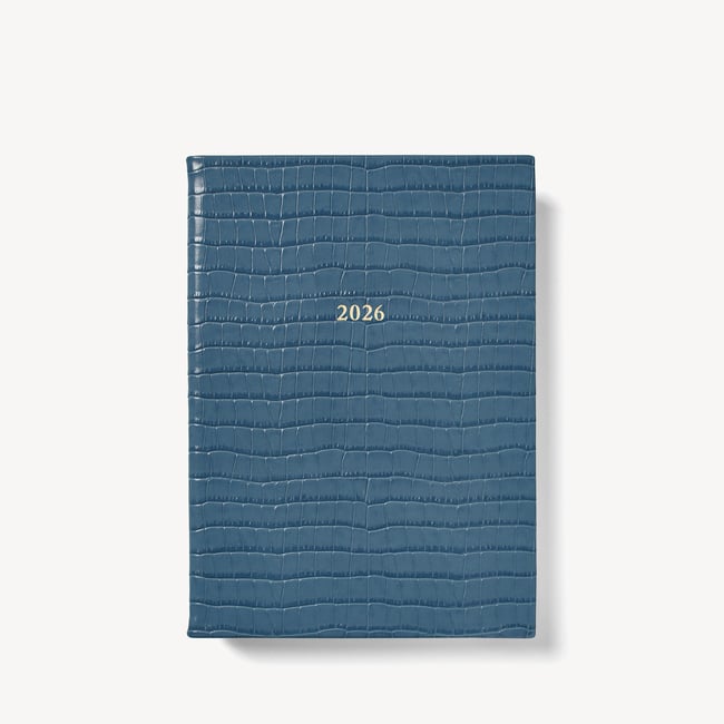 2026 A5 Week to View Leather Diary in Peacock Blue Croc | Aspinal
