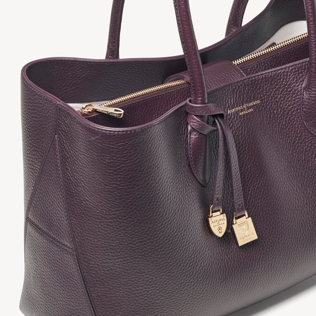 London Tote in Fig Pebble with Charm | Aspinal of London