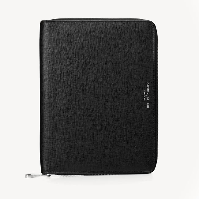 A5 Zipped Padfolio in Black Saffiano | Aspinal of London