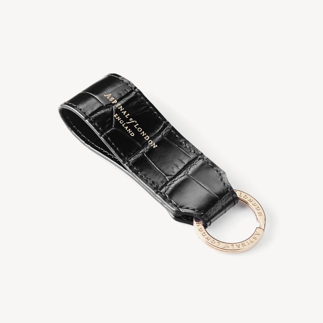 Small Leather Loop Keyring in Black Croc | Aspinal of London