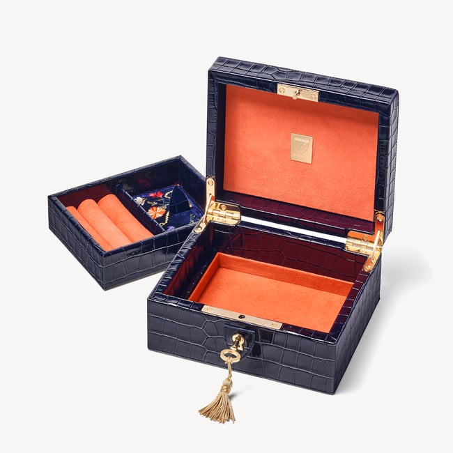 Bijou Jewellery Box in Navy Floral Hand Embroidery | Aspinal