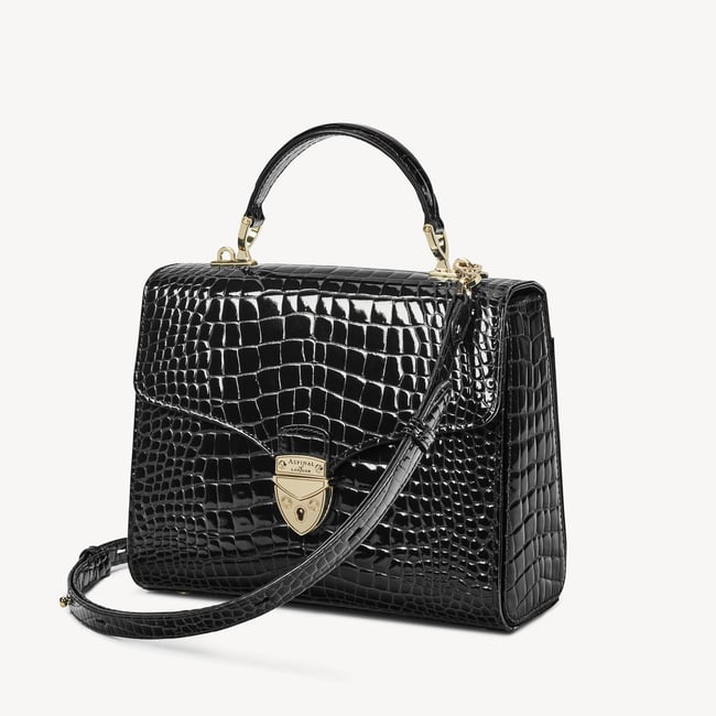 Top Handle Bag: Black Patent Croc Mayfair® Bag | Aspinal