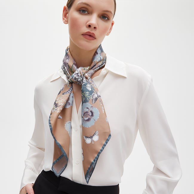 Botanical 'A' Silk Scarf in Latte Pure Silk | Aspinal of London