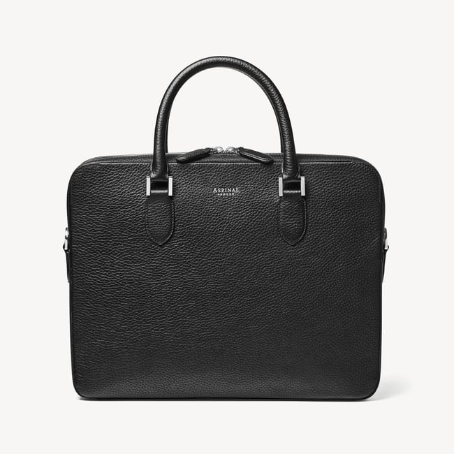 Slim Leather Briefcase in Black Pebble | Aspinal of London