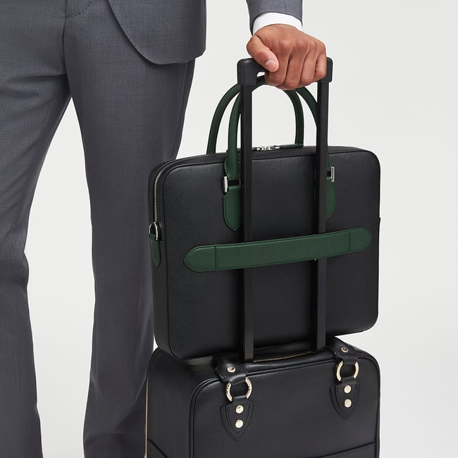 Slim Leather Briefcase in Black & Green Saffiano | Aspinal