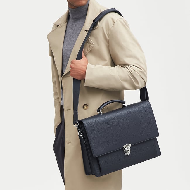 City Navy Blue Leather Briefcase | Aspinal of London