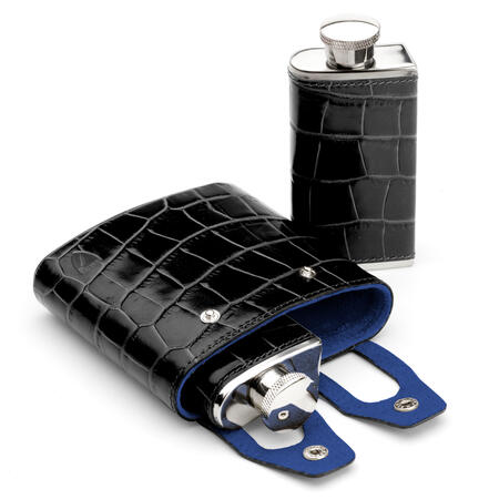 6oz Double Hip Flask In Black Croc | Aspinal of London