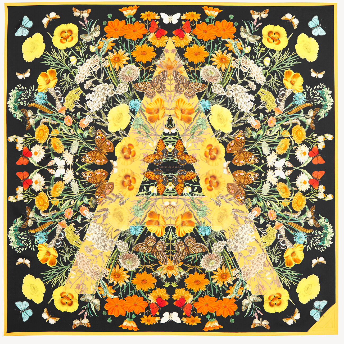 Botanical ‘A' Silk Scarf in Black & Gold | Aspinal of London