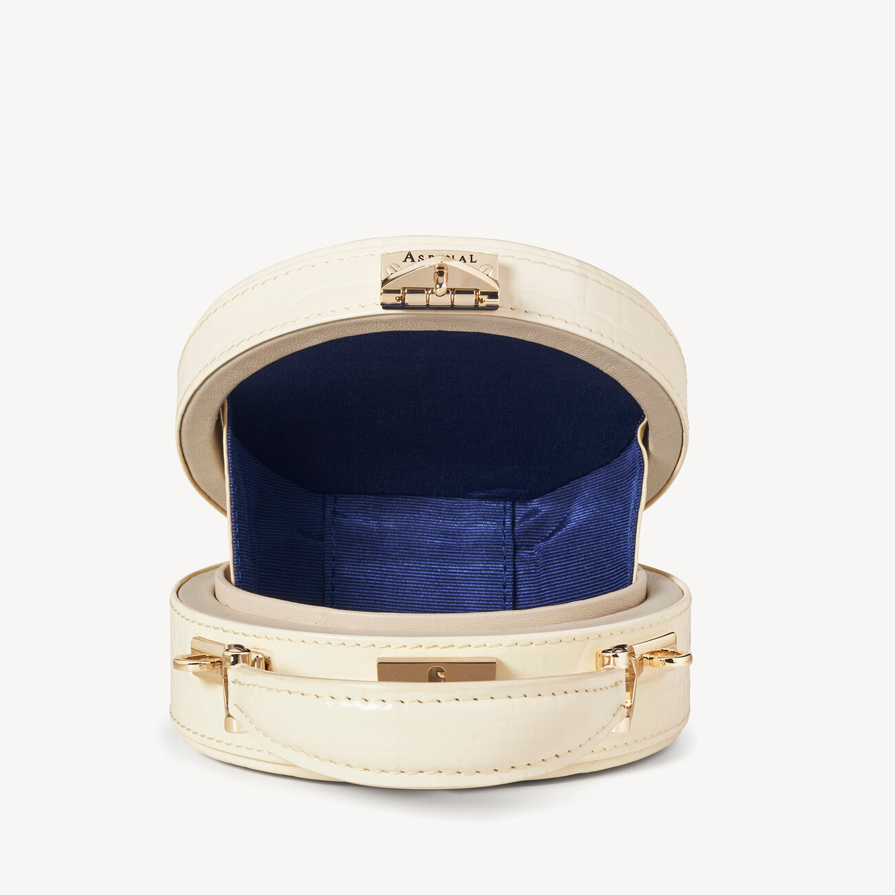 Micro Hat Box in Ivory Patent Croc | Aspinal of London