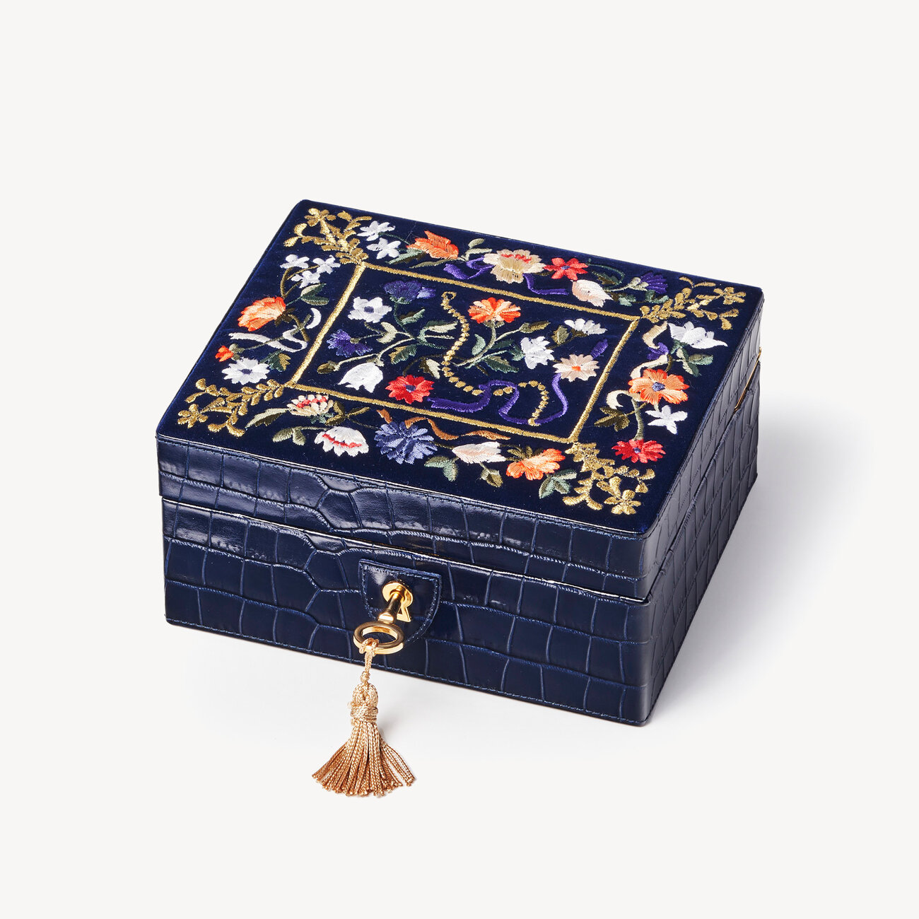 Bijou Jewellery Box in Navy Floral Hand Embroidery | Aspinal