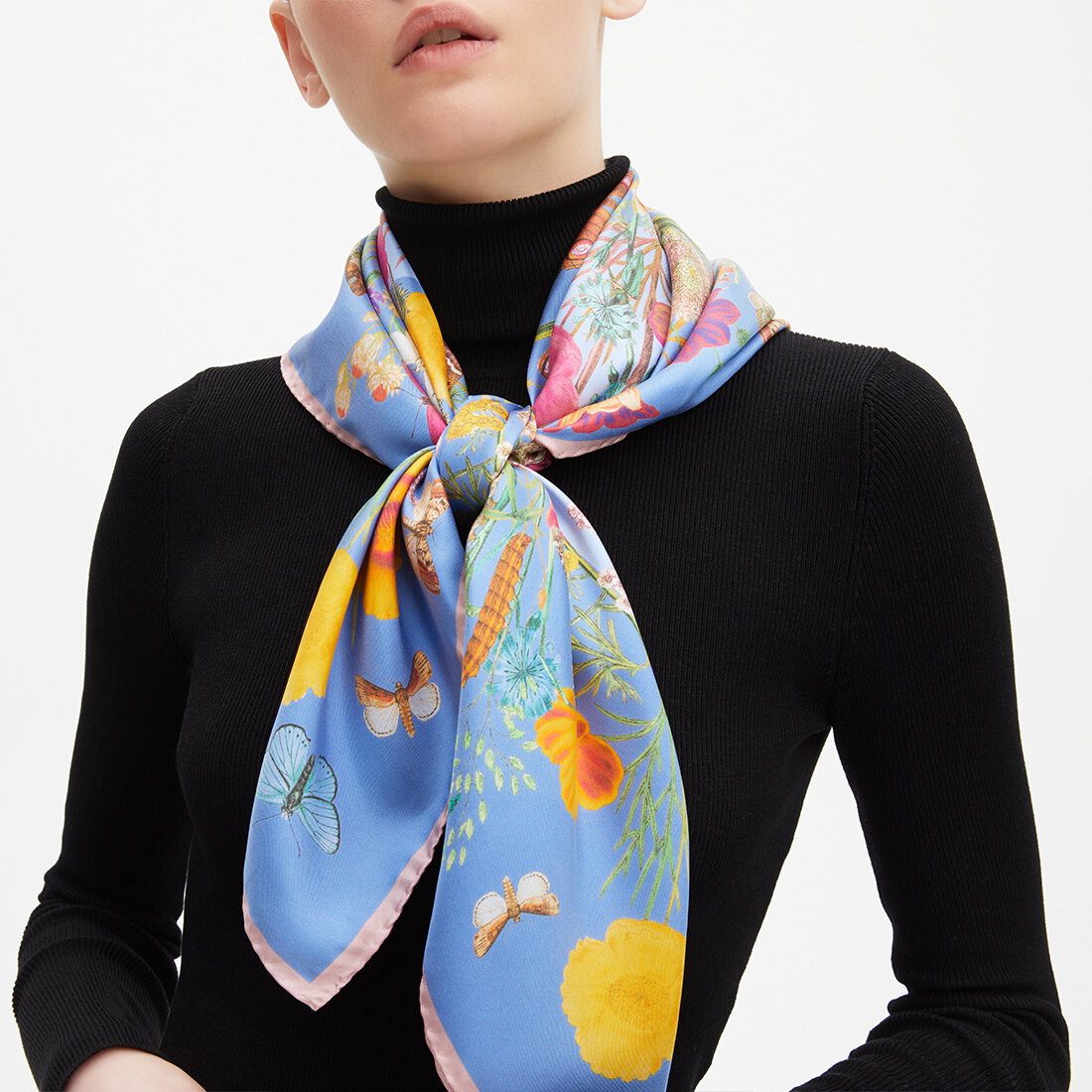 Botanical ‘A' Silk Scarf in Bluebird | Aspinal of London